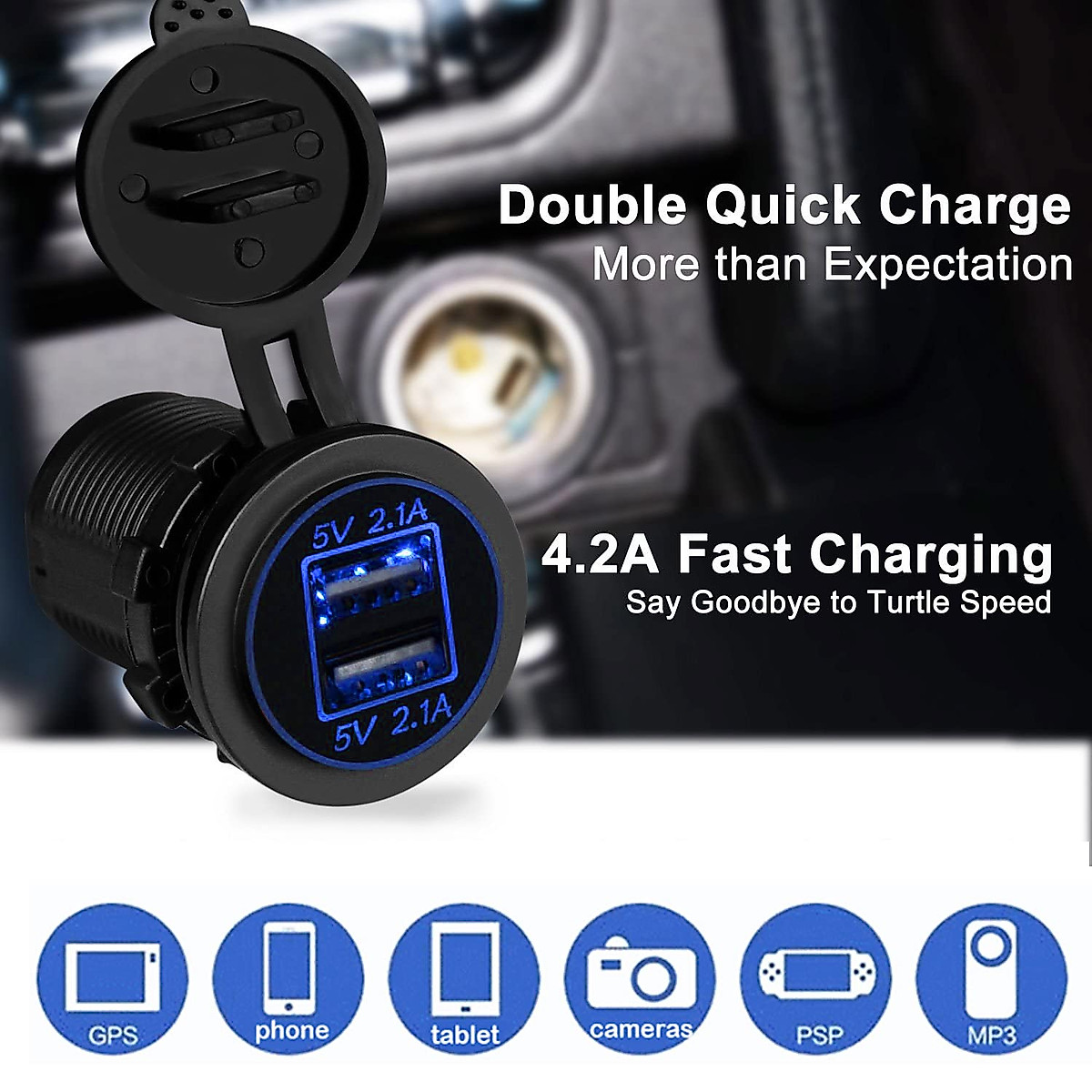 [5 Pack] 12V USB Outlet, Dual USB Quick Charger Socket Waterproof Power Outlet 12V/24V 2.1A & 2.1A for Car Golf Cart Boat Marine Bus Truck RV Marine Motorcycle, Blue LED