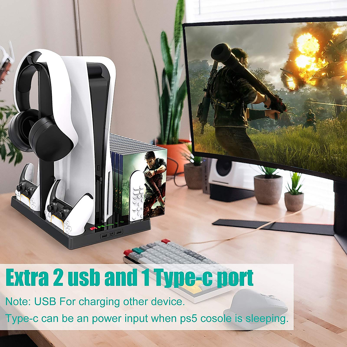 Linkstyle PS5 Vertical Stand with Cooling fan Dual PS5 Controller Charging Station Dock Led Indicator, 15 Game Storage, and Headset Holder for PS5 Console PS5 Digital Edition Console accessories