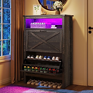 YITAHOME Shoe Cabinet with 2 Flip Drawers, Entryway Shoe Storage Cabinet with Open Shelves and Led Light, Free Standing Hidden Shoe Rack Organizer for Entryway/Hallway/Closet, Dark Rustic Oak