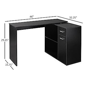 HOMCOM L Shaped Corner Computer Desk Workstation with Rotating Storage Shelves and Drawer for Home & Office, Black