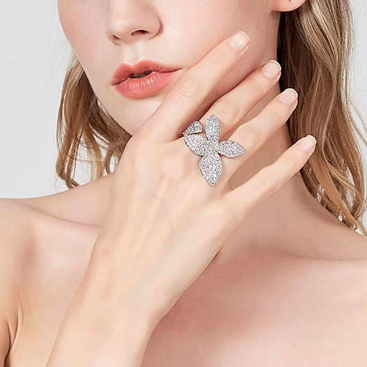 dnswez Silver Double Finger Ring, Statement Big Butterfly Open Adjustable Rings Silver Full CZ Flower Cocktail Rings Jewelry Gifts - Mothers Day Gifts (Light Gray, Adjustable)