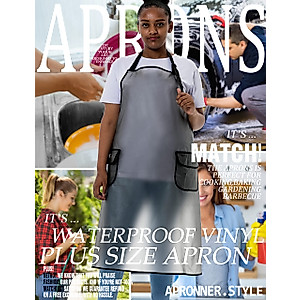 APRONNER Waterproof Plus Size Aprons for Women Men with Pockets Adjustable Durable Rubber Vinyl for Bib Kitchen Cooking Dish Washing Grooming Black Transparent