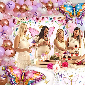 Winrayk Butterfly Birthday Party Decorations Girls Women, Pink Purple Butterfly Balloons Arch & Backdrop Tablecloth Butterfly Wall Decor Foil Balloons, Fairy Butterfly Theme Party Decorations Supplies