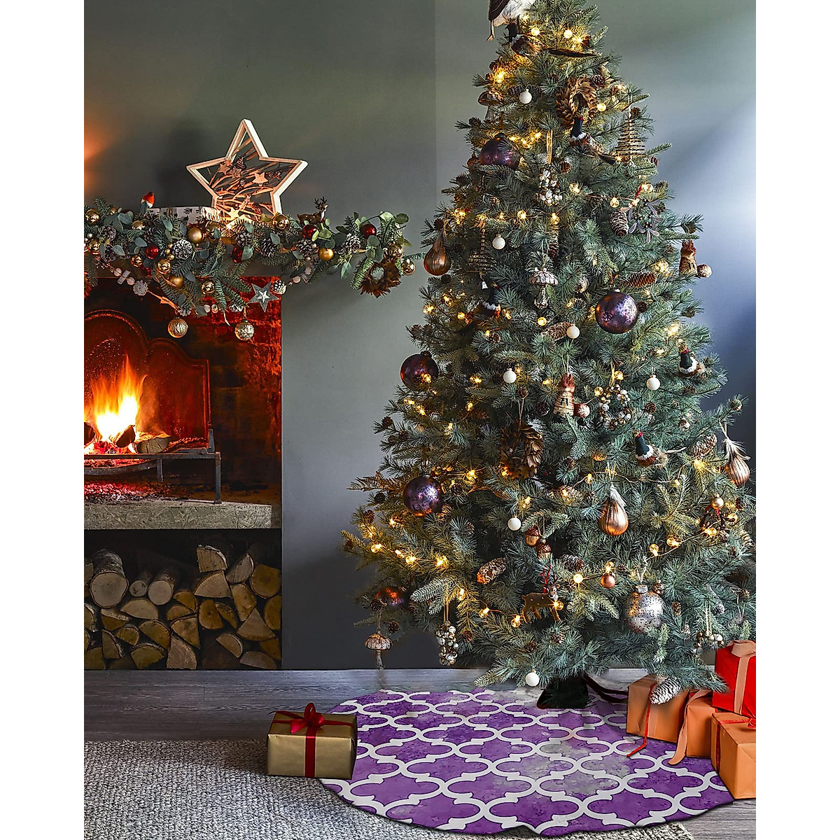 Christmas Tree Skirt 48 Inches Large Christmas Skirt Tree, Purple Ombre Tree Skirt Christmas Decorations for Fireplace Party Holidays Indoor Outdoor Modern Morocco Geometric Abstract Oil Painting