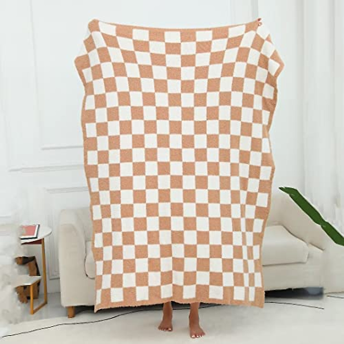 Luxury Fuzzy Blanket Checkerboard Blanket Lightweight Throw Blanket - Super Soft Warm Cozy Microfiber Blanket for Chair, Sofa, Couch, Bed, Camping, Travel (Orange Khaki)