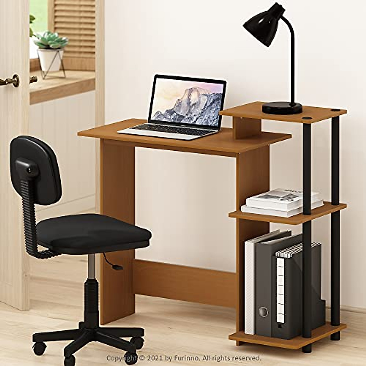 Furinno Efficient Home Laptop Notebook Computer Desk with Square Shelves, Light Cherry/Black