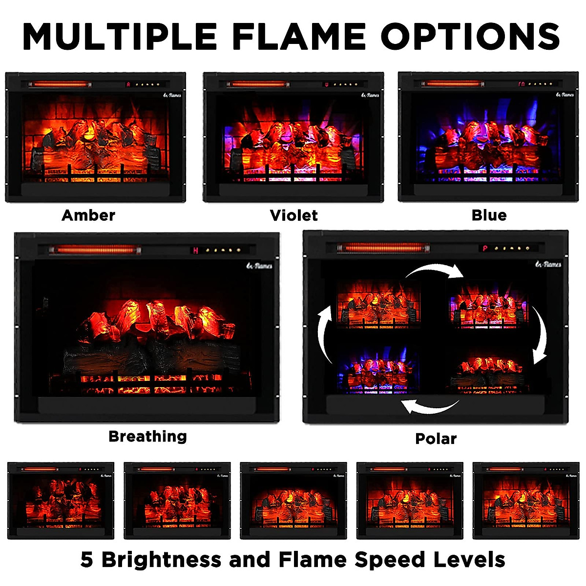 TURBRO in-Flames 28 Inch in-Wall Recessed Electric Fireplace Insert - Realistic Wood Log, 3D Adjustable Flame Effects, Infrared Quartz, Thermostat, and Timer - INF28-3D