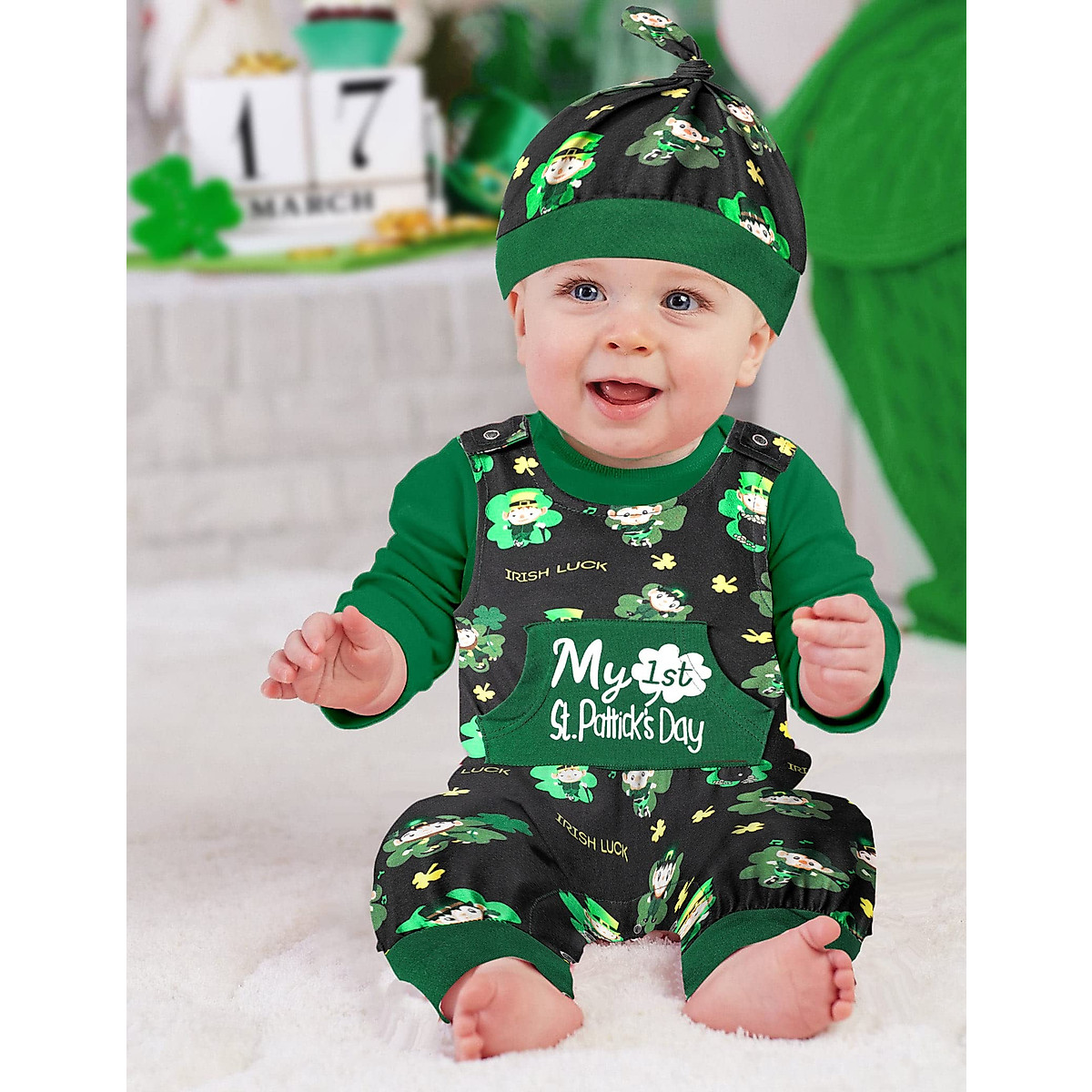 KANGKANG St Patricks Day Baby Boy Outfit My First St Patricks Day Baby Boy Outfit Baby Boy Clothes 3-6 Months Baby Rompers Overalls Hat