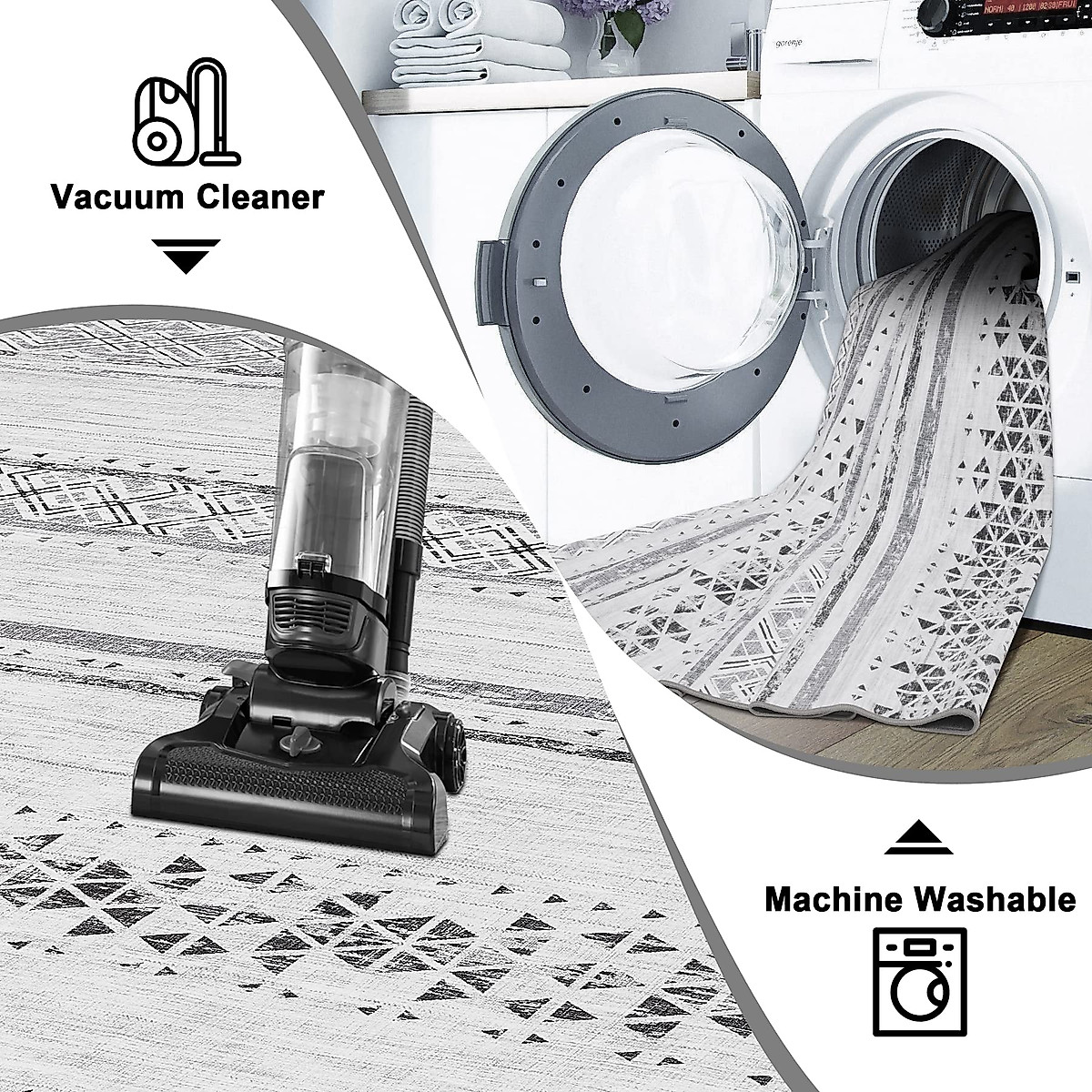 Area Rugs 9x12 Living Room: Large Machine Washable Rug with Non-Slip Backing Stain Resistant Soft Geometric Moroccan Carpet for Bedroom Dining Nursery Room Home Office - Gray/Ivory