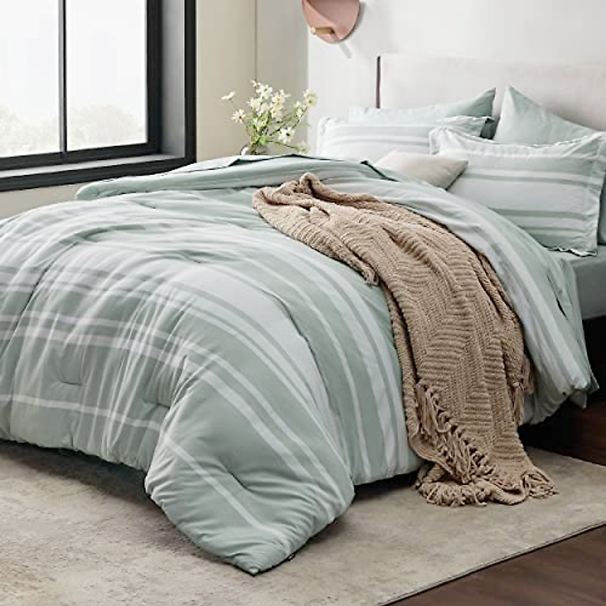 Bedsure Bed in a Bag Queen Size 7 Pieces, Sage Green White Striped Bedding Comforter Sets All Season Bed Set, 2 Pillow Shams, Flat Sheet, Fitted Sheet and 2 Pillowcases