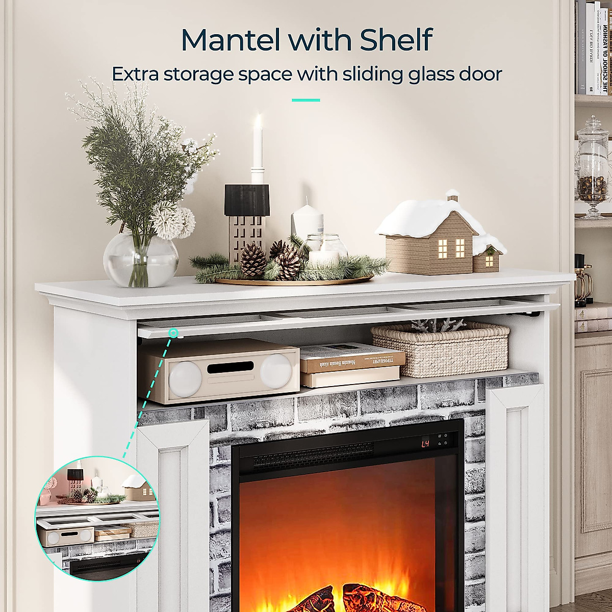 LINSY HOME Electric Fireplace Mantel, LED Faux Fireplace Heater with Remote Control & Adjustable Flame, Wooden Surround Firebox TV Console Table Free Standing Built-in Cabinet with Sliding Glass Door