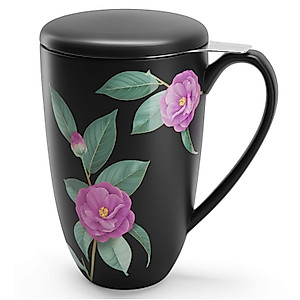 immaculife Tea Cup with Infuser and Lid Ceramic Tea Mug with Lid Teaware with Filter 16oz, Black Floral Print