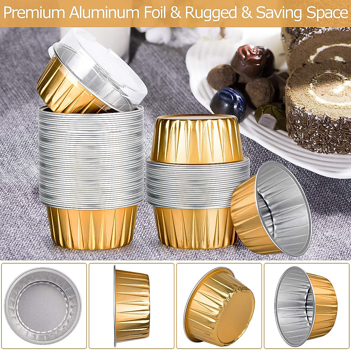 Disposable Ramekins with Lids, 25 Pack/ 5 oz Gold Aluminum Foil Dessert Baking Cups, Reusable Cupcake Liners Pudding Cups for Wedding, Christmas, Kitchen, Party, Various Holiday Parties