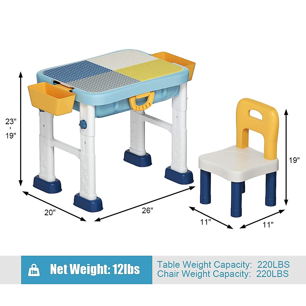 HONEY JOY 6-in-1 Kids Activity Table, Large & Small Size Blocks Compatible w/Classic Blocks, Adjustable Height, Water Table & Sand Table & Dry Erase Easel w/Marker, Kids Play Table with Storage