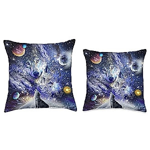 Random Galaxy Cosmic Space Wolf, Wolves Family Howling, Constellation Throw Pillow, 16x16, Multicolor