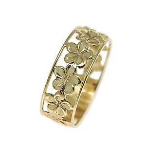 14K solid yellow gold Hawaiian plumeria flower lei ring 6.5mm size 8.5