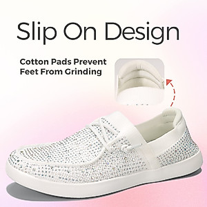 BELOS Women's Rhinestone Lace Up Loafers Shoes Comfortable Slip On Mesh Knit Walking Shoes Fashion Lightweight Sparkly Glitter Sneaker(White,8.5