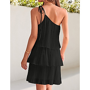 ZESICA Women's Boho Summer One Shoulder Sleeveless Ruffle Tiered Layered Chiffon Pleated A Line Flowy Mini Dress,Black,Medium