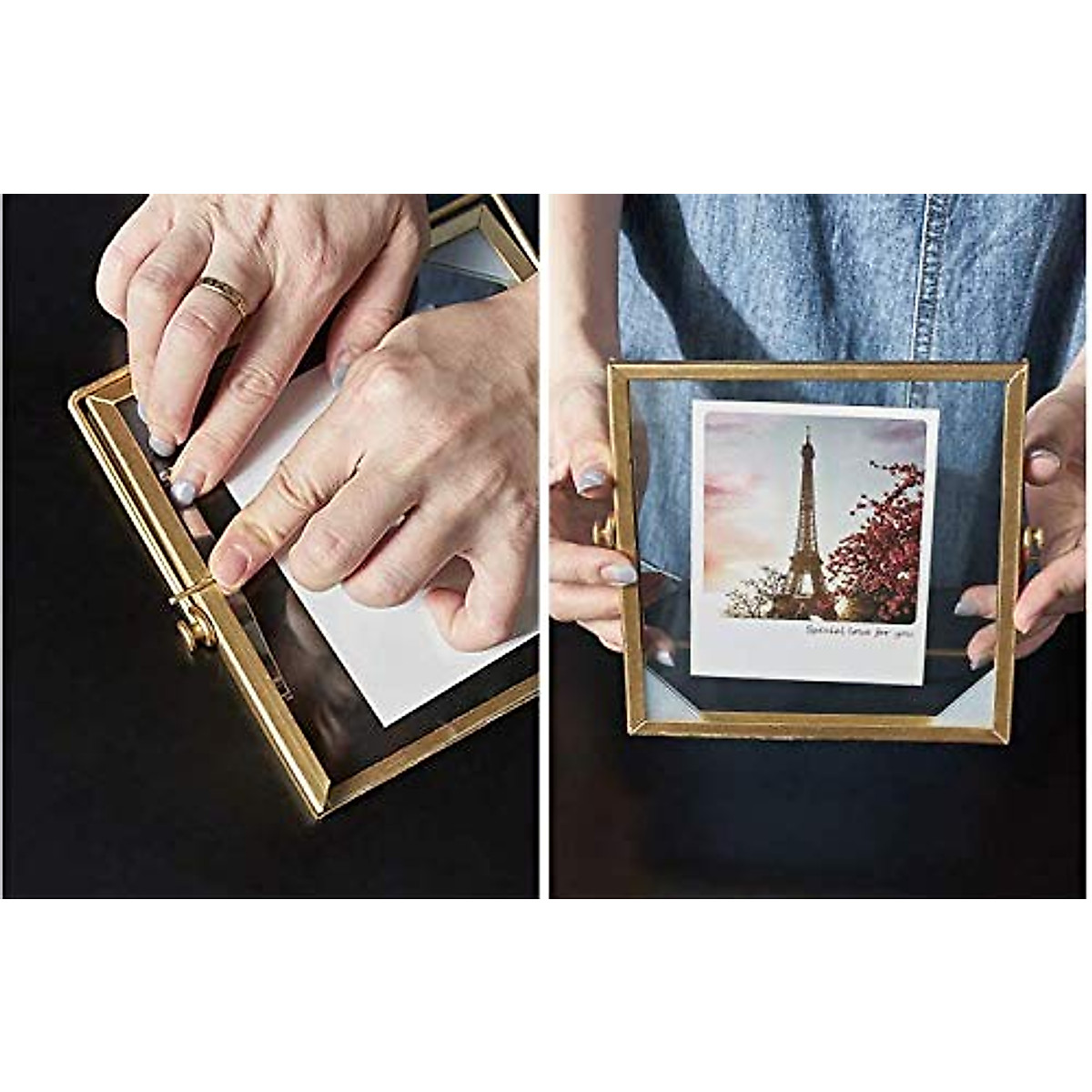 Leoyoubei Gold Floating Glass Frame,Hand-Made,Vintage Style and Real Glass Photo Frame Collection Metal Geometric Picture Frame,Double Glass,Metal Floating Desk Frame 4x4,Can Also Put 5X5 Photo