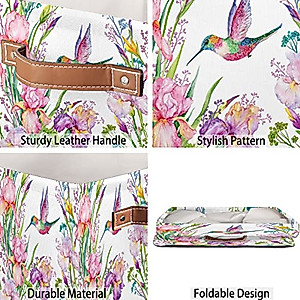 DJYQBFA Storage Basket Hummingbird Flowers Watercolor Collapsible Storage Bin with Handles Large Canvas Storage Cubes Toy Basket for Shelves Closet Nursery Cabinet Living Room Organizer 13x13x13