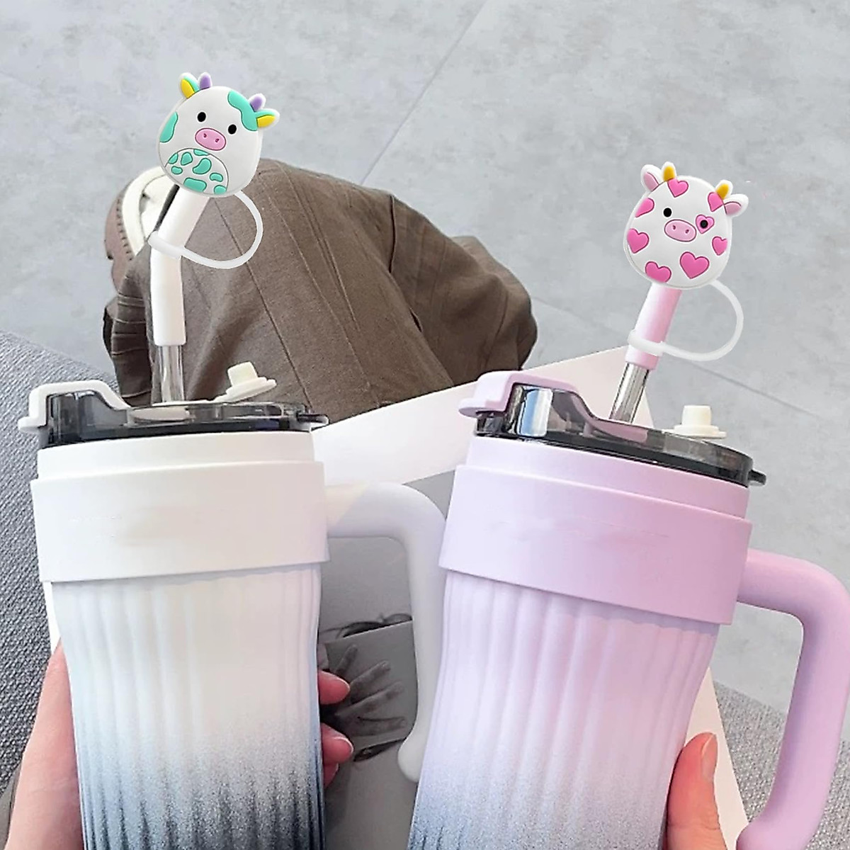 Straw Cover Cap for Stanley Cup 30 Oz 40 Oz Tumblers - 10mm Cute Cow Straw Tips Covers,Silicone Straw Toppers, Funny Animals Straw Covers Cap Plugs,Anti-dust Straw Tip Drinking Straw Tips Lids