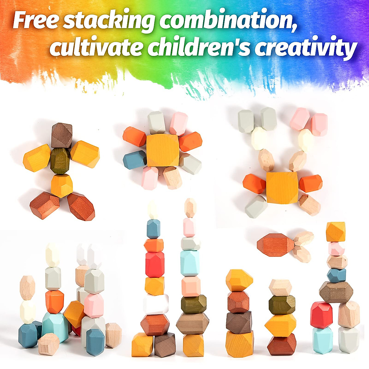 48 Pcs Wooden Stacking Stones- Building Sorting Rocks Balancing Wooden Blocks Preschool Educational Learning Toy for Kids Toddlers 3 4 5 6 Years Old