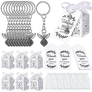 120 Pieces Baptism Favor Set of Angel Key Chains Baptism Favor Boxes White Organza Bags with Thank You Tags for Wedding Baptism Baby Shower Christmas Party Gift