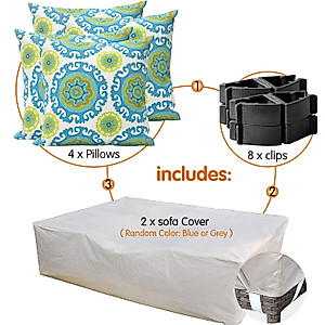 ovios Patio Furniture Set, 12 PCS Big Size Outdoor Furniture Set All Weather Rattan Wicker Sofa Sectional Set with Glass Table, Garden, Backyard, No Assembly Required (Grey-Denim Blue)