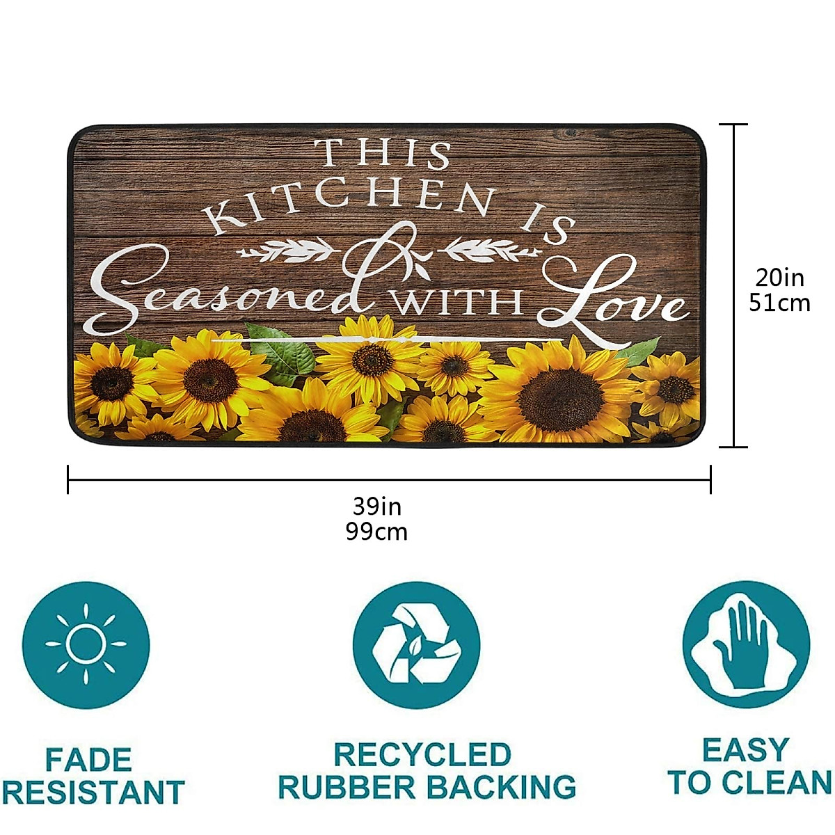 Kitchen Rug Autumn Sunflowers Wooden Seasoned with Love 39 x 20 Inch Non-Slip Anti Fatigue Comfort Entryway Door Mats Perfect Carpet for Home Decor
