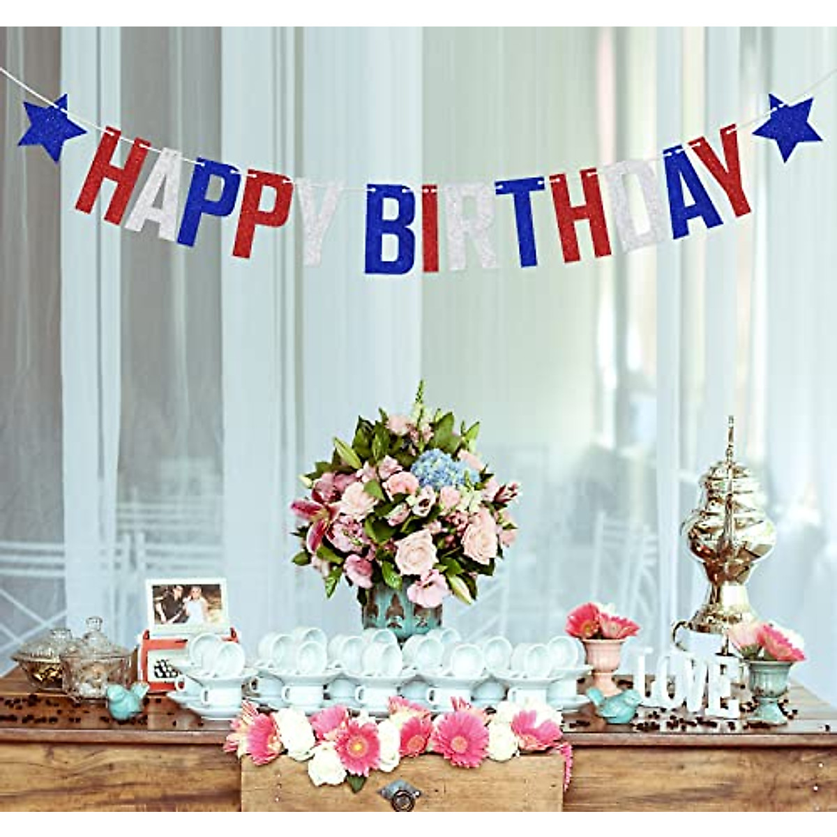 4th of July Happy Birthday Banner, Independence Day Birthday Party Decorations, Patriotic Independence Day Themed Birthday Decorations Blue Red White Glitter