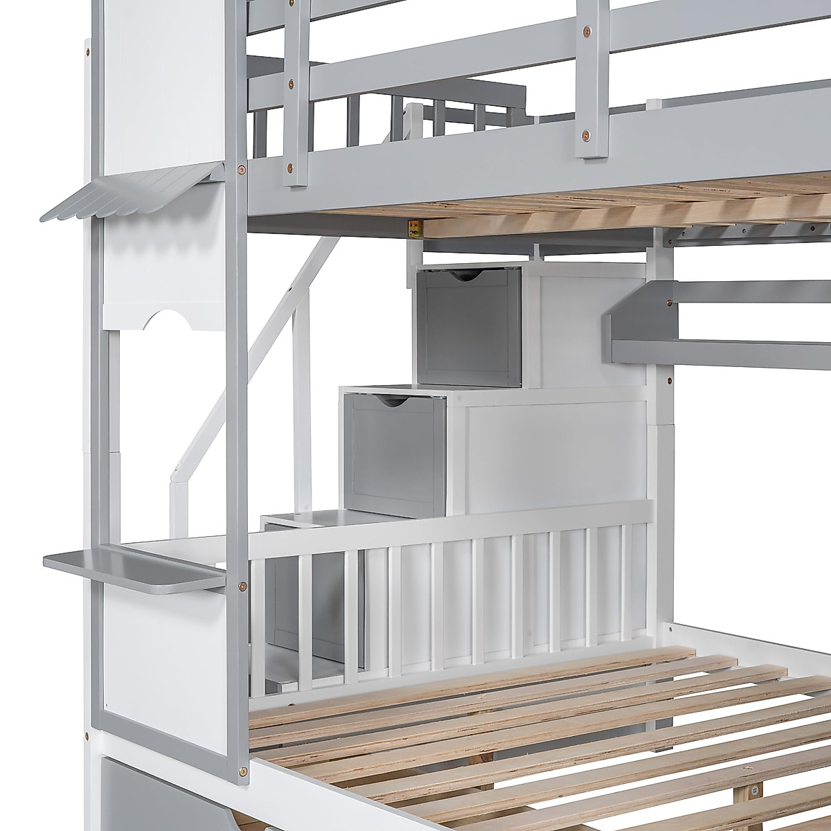 BIADNBZ Full Over Full Castle Style Bunk Bed with Slide and Stairs, Wooden Stairway BunkBed w/2 Drawers Storage and 3 Shelves for Kids Boys Girls Bedroom, Gray