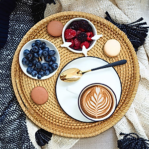 Rattanhut Hand Woven Round Rattan Tray with Paper Doily - 11.8 x 2 inch Round Basket Tray with Handles for Serving Food, Drink, Dessert, Breakfast in Bed, Decor - Decorative Coffee Server