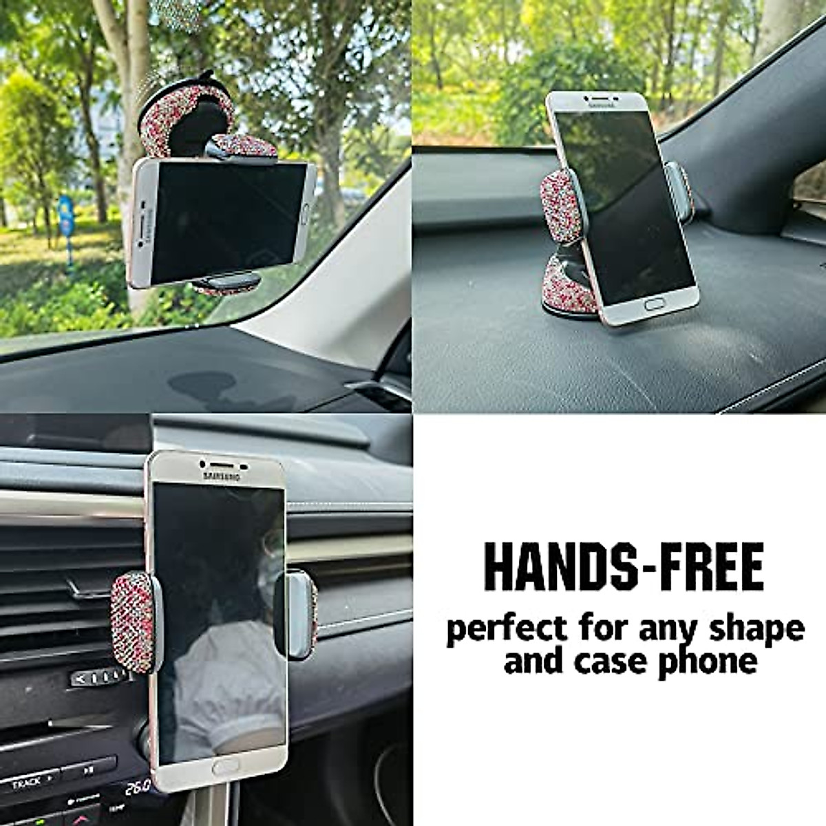 Amiss Universal Bling Cell Phone Holder, 360°Adjustable Car Phone Mount with One More Air Vent Base, Crystal Car Interior Decoration, for Windshield, Dashboard and Air Vent (Pink & White)