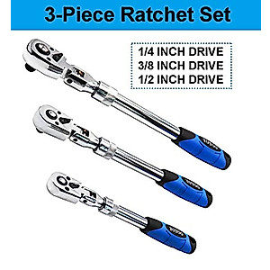 YOTOO Extendable Ratchet Set 3Pcs 1/4", 3/8" & 1/2" Drive 72 Tooth Flex-Head Quick Release Locking Ratchets