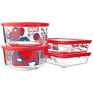 Pyrex 8-Pc Glass Food Storage Container Set, Includes (2) 4-Cup Round Glass Containers, (2) 3-Cup Rectangle Glass Containers, Meal Prep Containers with Lid, Disney's Marvel's Spider-Man