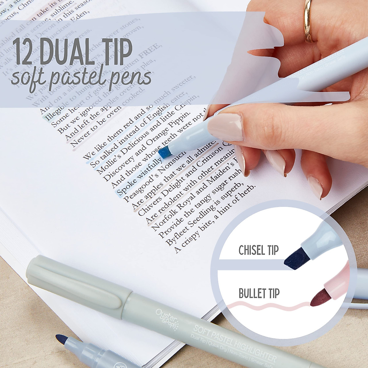 Oyster&Pop 12 Pcs Dual Tip No Bleed Pastel Highlighters | Aesthetic Desk Accessories & Book Highlighters | Cute No Bleed Highlighters for Journaling | Highlighters Aesthetic | Giftable Pen Pot