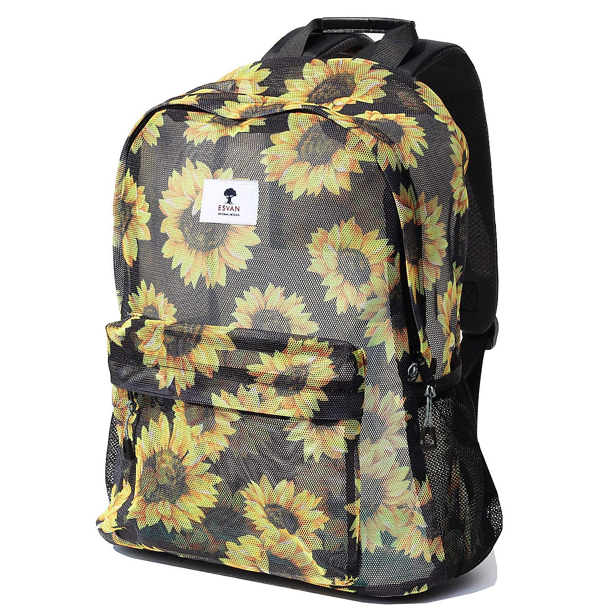 ESVAN Original Print Mesh Backpack Semi-Transparent Sackpack See Through Beach Bag Daypack Multi-Purpose Women Men Unisex (Sunflower)