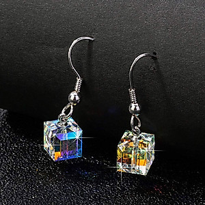 Austrian Crystal Cube Drop Dangle Earrings for Women Fashion 14K Gold Plated Hypoallergenic Jewelry (Aurora Borealis)