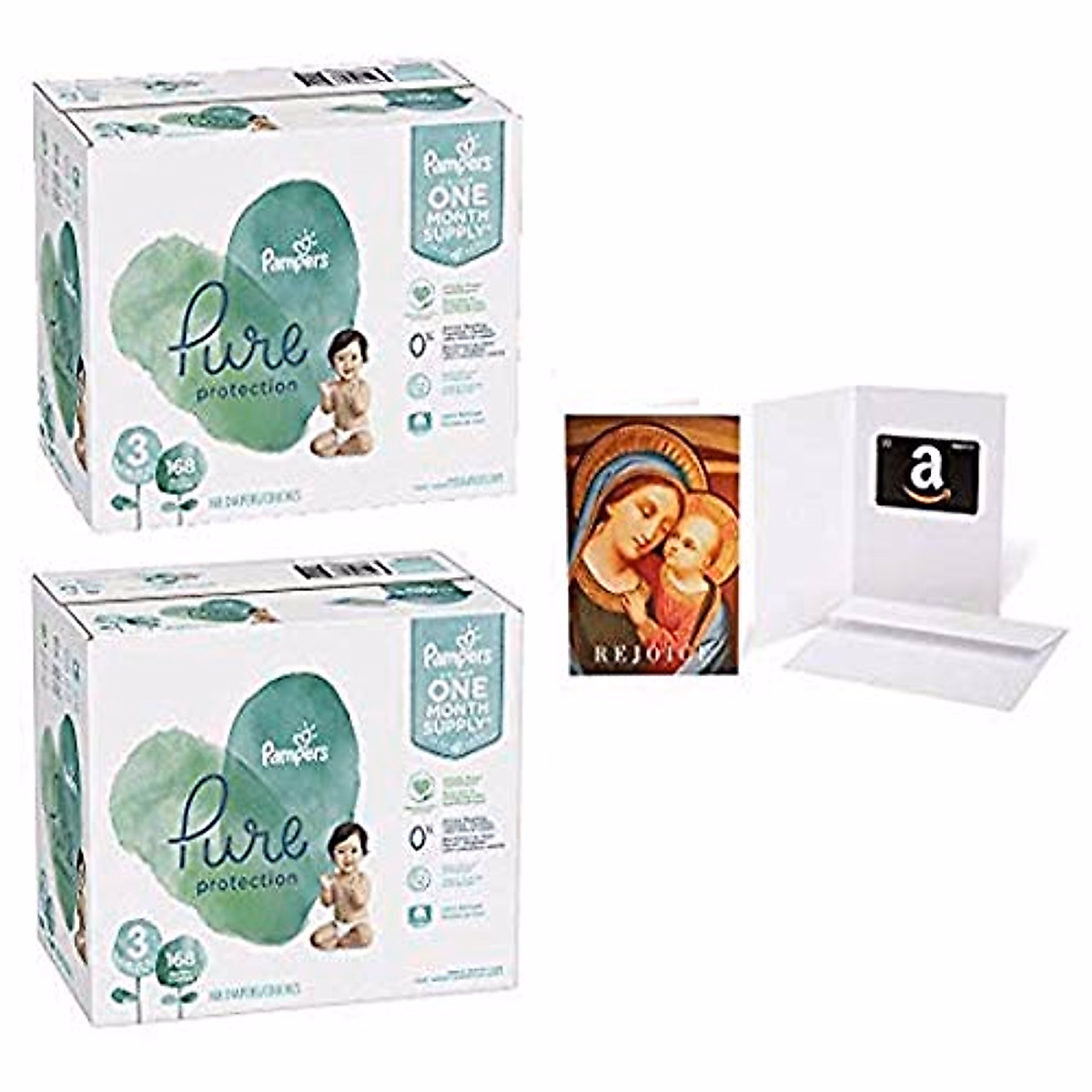 Size 3, 168 Count - Pampers Pure Disposable Baby Diapers, Hypoallergenic and Fragrance Free Protection (2 Qty) with Amazon.com $20 Gift Card in a Greeting Card (Madonna with Child Design)