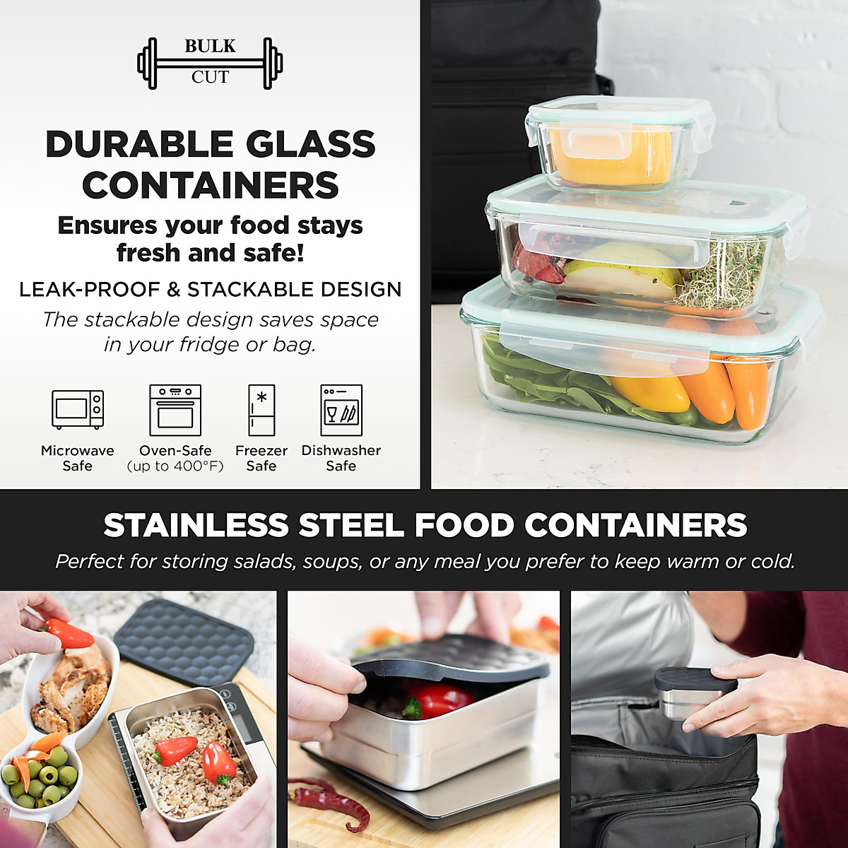 Bulk Cut Ultimate Meal Prep Containers Set, Reusable Lunch Boxes, Includes Glass and Stainless-Steel Lunch Storage Containers with Lids, Precision Food Scale and Lunch Bag, Modern Lunch Box Set