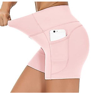 THE GYM PEOPLE High Waist Yoga Shorts for Women's Tummy Control Fitness Athletic Workout Running Shorts with Deep Pockets (Medium, Pink)