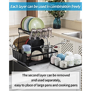 3 Tier Dish Drainer Rack for Kitchen Counter, Large Capacity Dish Drying Rack with 360° Rotating Drainboard, Dish Drainers for Kitchen Sink, Countertop Large Detachable Stainless Steel Dish Rack