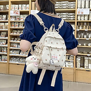 Aesthetic Kawaii Backpack with Kawaii Pendants for School Cute Mini Backpack Flowers Japanese School Bag for Teen Girls (White)