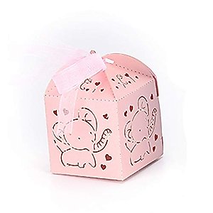 ALLHEARTDESIRES 50 Pack Pink Elephant Girl Baby Shower Decoration Laser Cut Paper Party Treat Box Wedding Girl Birthday Gifts Wrapping Candy Buffet Table Centerpieces