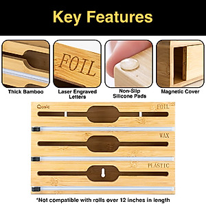 Qasic 3-in-1 Plastic Wrap Dispenser, Organiser with Cutters for Cling Film, Aluminum Foil, and Parchment Wax Paper, Bamboo Holder Storage Box with Laser Engraved Letters - Fits 12" Rolls