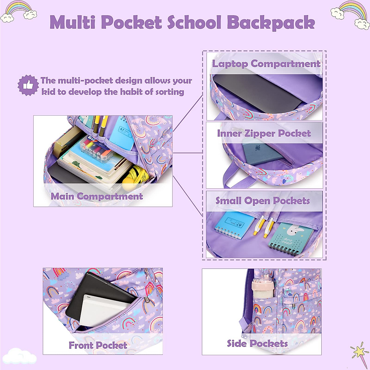 Rainbow Backpack for Girls, 3PCS Rainbow Backpack with Square Lunch Bag & Pencil Case Set for Girls, Large Capacity Kids School Bookbag Set for Preschool Kindergarten Elementary School