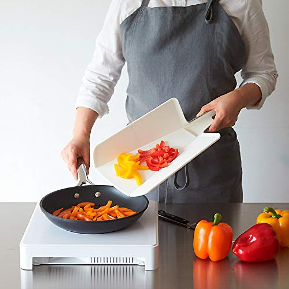 Joseph Joseph Chop2Pot Foldable Plastic Cutting Board 15 x 8.75 Non-Slip Feet 4-inch Handle Dishwasher Safe, Small, Dove Gray