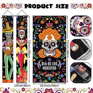 Preboun 3 Pcs Lighted Day of The Dead Porch Sign LED Mexican Halloween Decorations Dia De Los Muertos Day of The Dead Sugar Skull Marigold Flower Door Banner with Light for Halloween Party Decor