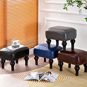 Leather Ottoman Footrest,Rustic Foot Stools Ottoman Seat, Wood Footstool,Rectangle Footrest Small Ottoman for Bedroom, Living Room, Office，Entrance Hall (DEEP Green)