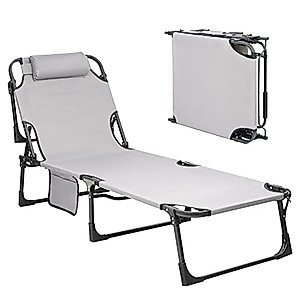 HONGBEI lounge cot chairs, Adjustable Reclining Folding Chaise Lounge with Pillow, Outdoor Portable Folding Lounge Chair for Camping, Pool, Beach, Patio,Grey.